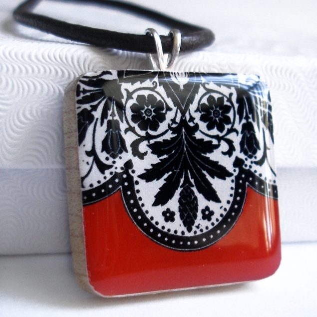 Victorian Design on Red, Handmade Pendant Necklace in a beautiful Box