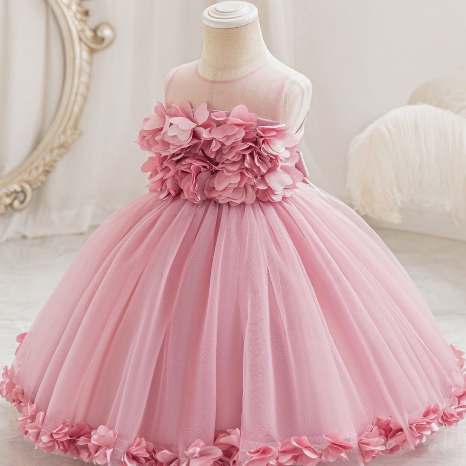 Pink Handmade Flowers Tulle Flower Girl Dress Birthday Dress