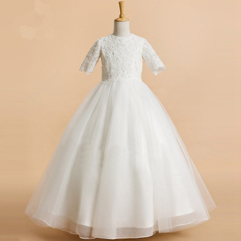 White Lace Bodice Tulle Flower Girl Dress Floor Lemgth by Little Girl