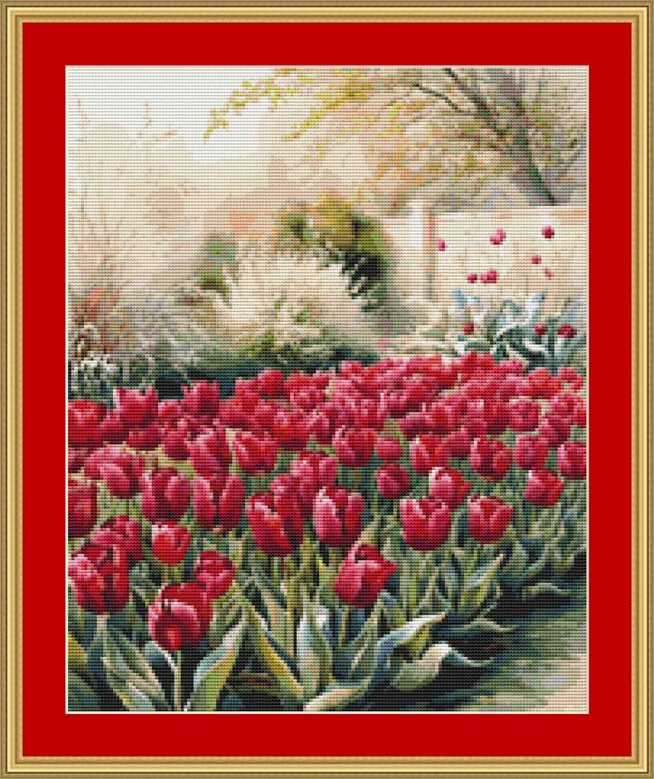 Garden Of Red Tulips Cross Stitch Pattern by Avalon Cross Stitch