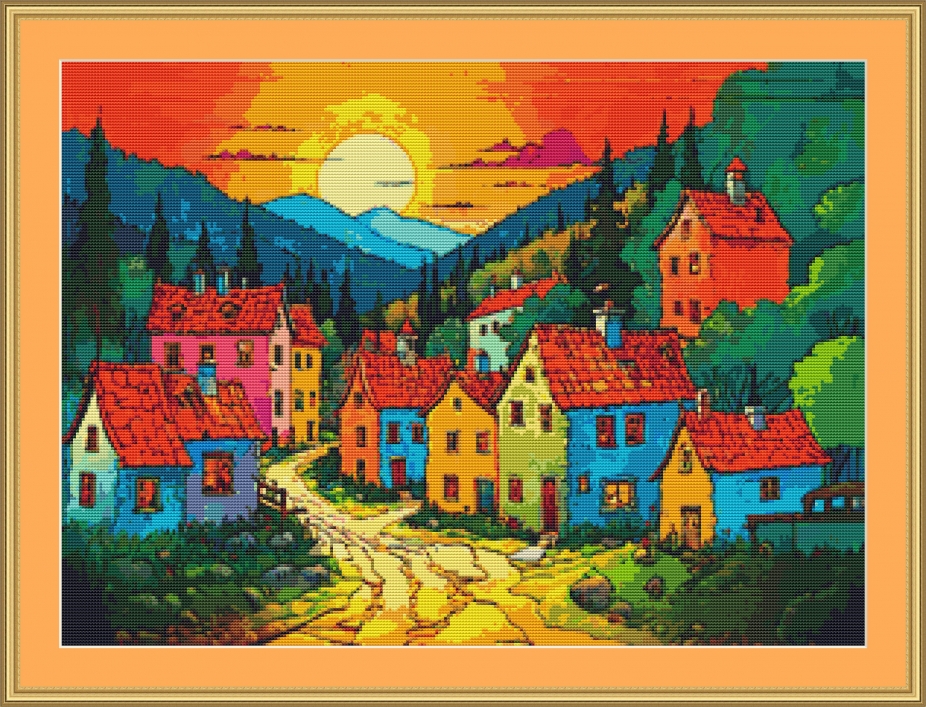 Colourful Village Cross Stitch Pattern by Avalon Cross Stitch