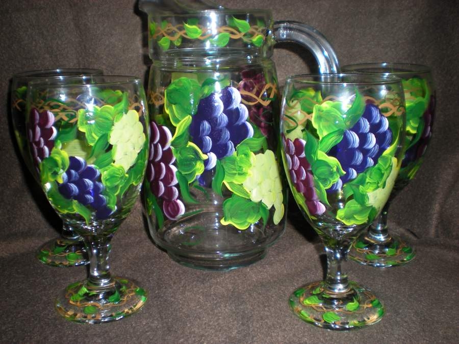 Hand painted water pitcher and ice tea assorted grapes set