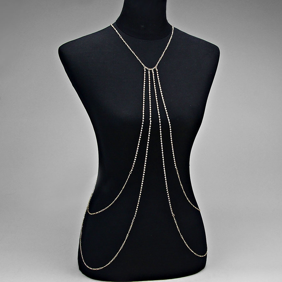 Crystal Rhinestone Drape Body Harness Chain - Gold by Gingas Galleria
