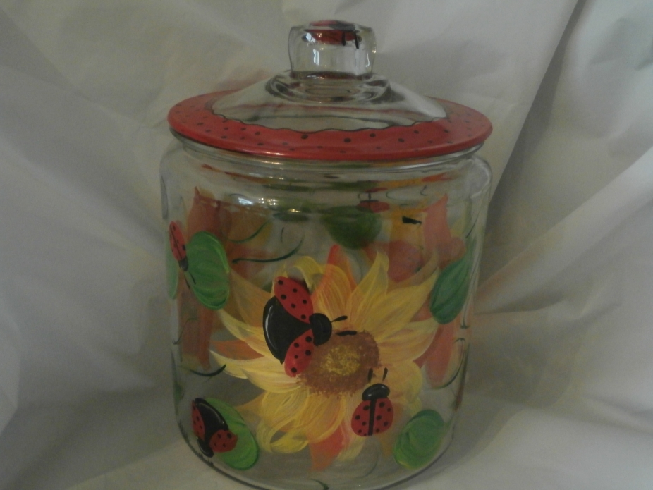 Hand painted original one gallon canister sunflowers & ladybug
