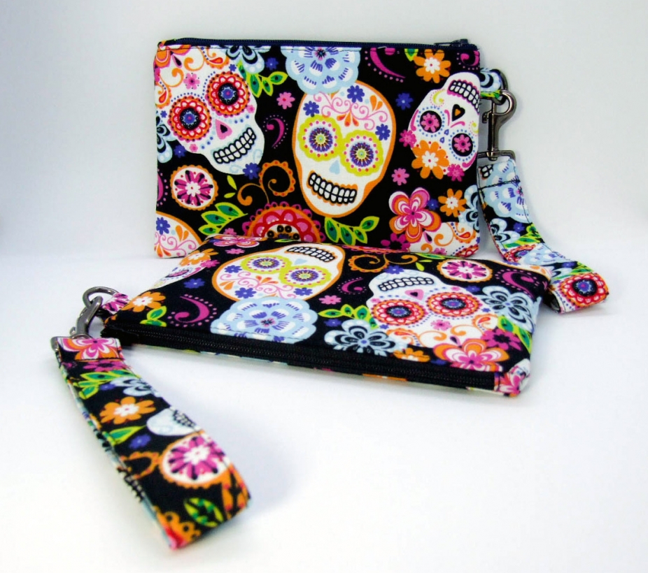 Sugar Skull wristlet clutch purse with detachable wrist strap