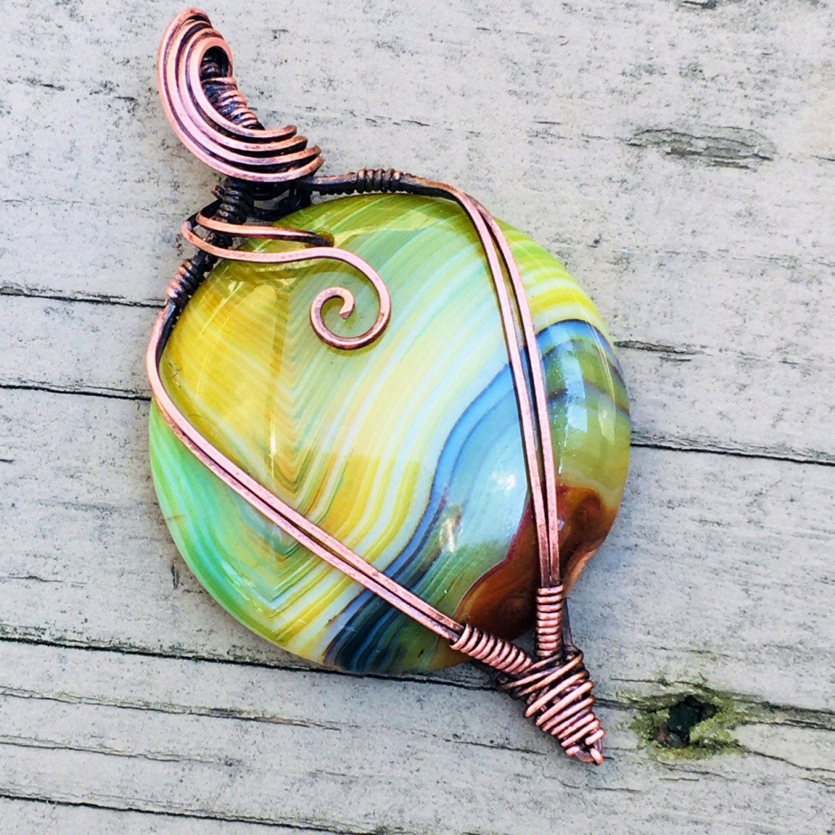Wire wrapped pendant - Multi color rainbow striped Agate copper wire...