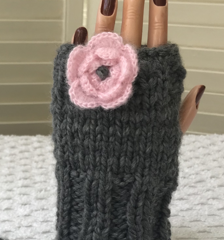 Women s Knitted Fingerless Gloves - Light Grey with Pink Floral