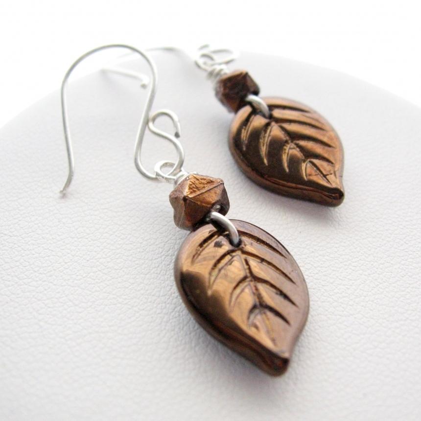 Handmade Bronzy Glass Leaf Earrings with Handmade Sterling Ear Wires