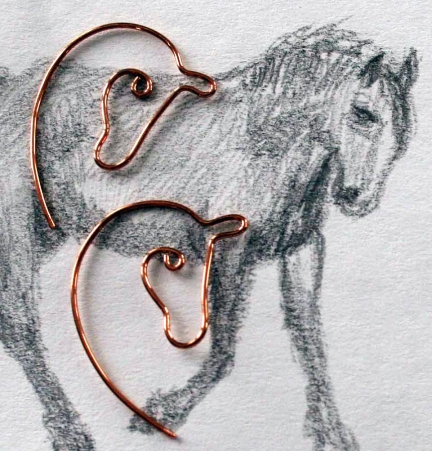 Horse Head Copper Wire Earrings by wabibrookstudio, Earrings