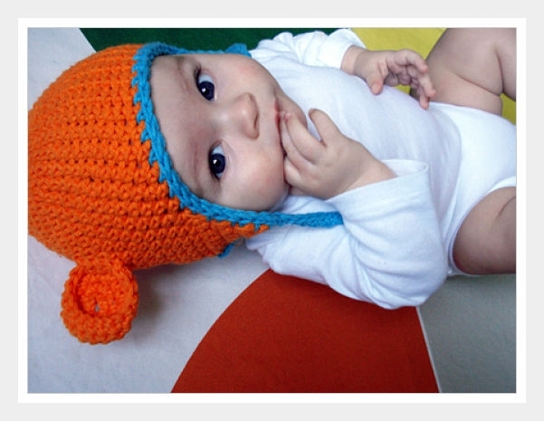 Newborn Cotton Mini Monkey Flap Hat-Tangerine with Peacock Trim
