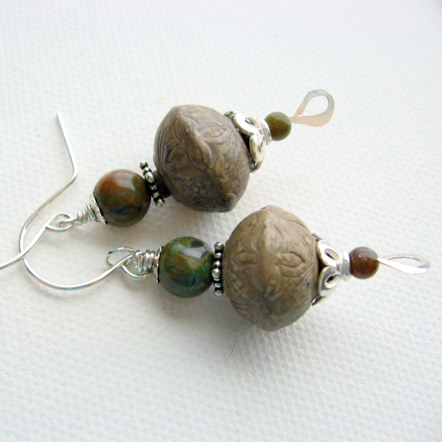 Carved Peruvian Themed Clay and Green Colored Earrings