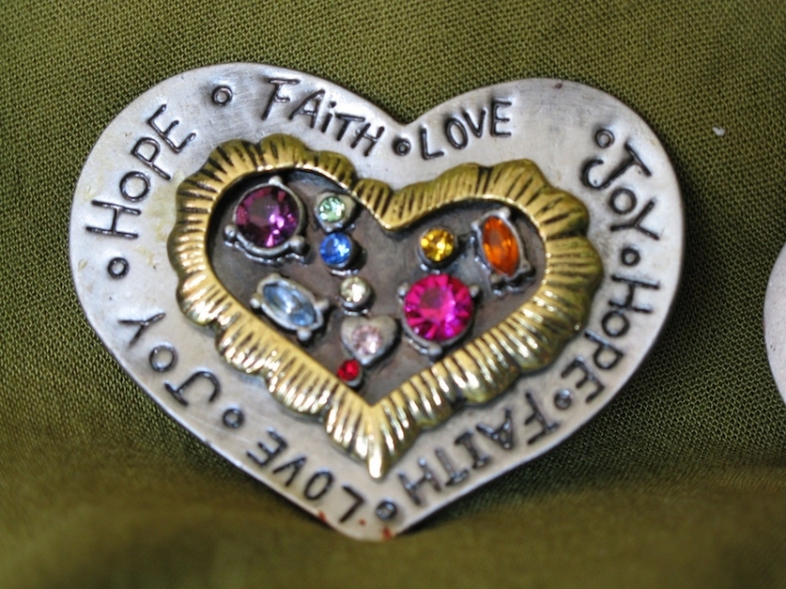 Pewter brooch with crystal accents hope, faith, love, joy brooch