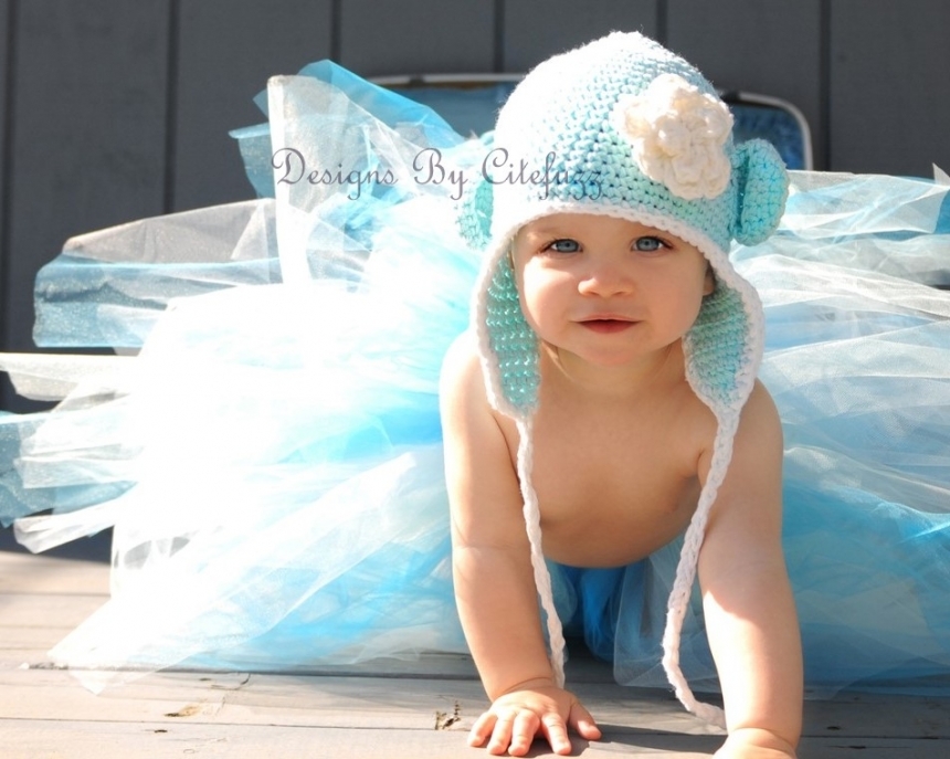 6-24 m Cotton Mini Monkey Flap Hat - Aqua With eggshell trim