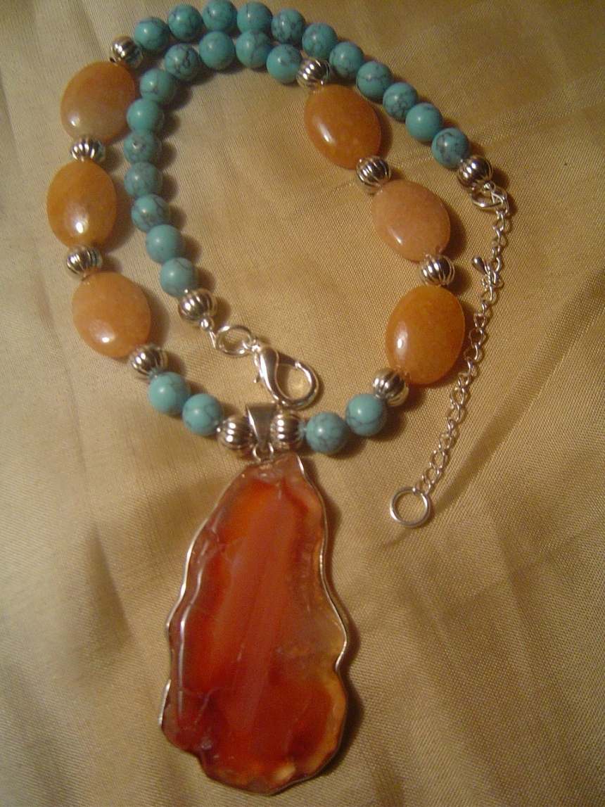 Exquisite Turquoise, Honey Aventurine, Carnelian Druzy Necklace