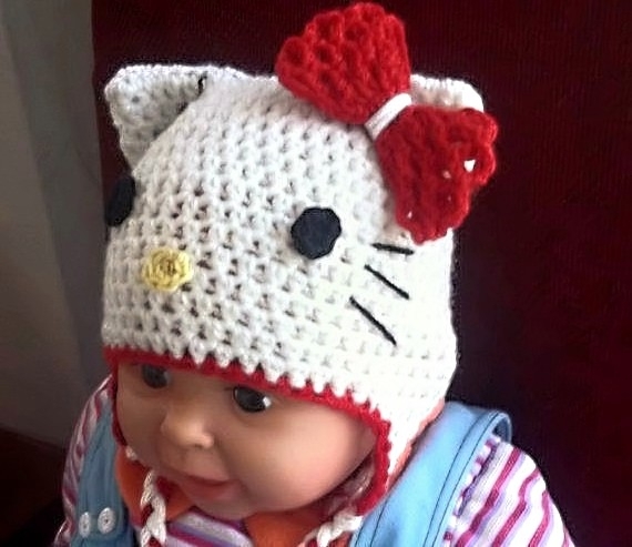 Hello Kitty Hat Crochet Pattern, All sizes, Beanie and Earflap
