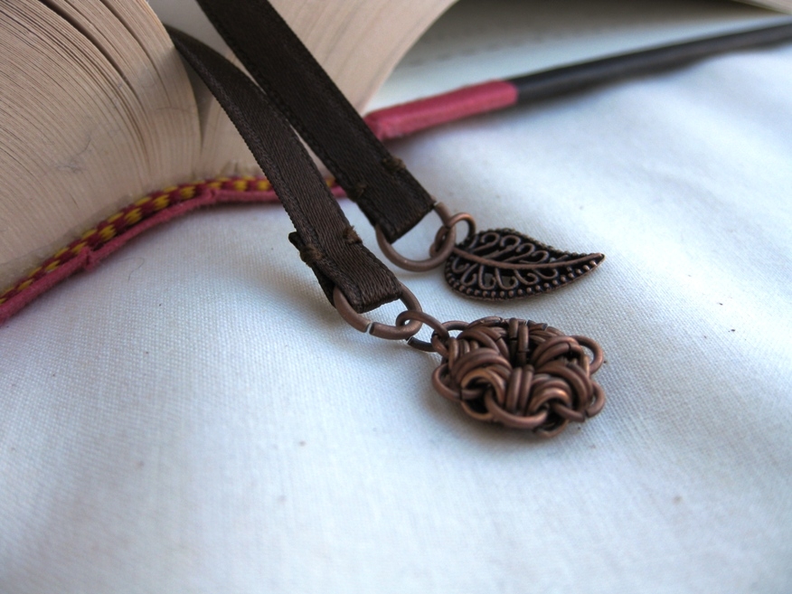 Brown Ribbon Bookmark with Leaf Charm by elizanne, Paper Craft