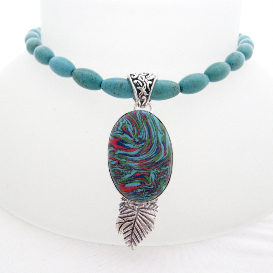 Necklace Turquoise Magnesite and Calsilica Stone Silver Leaf Pen