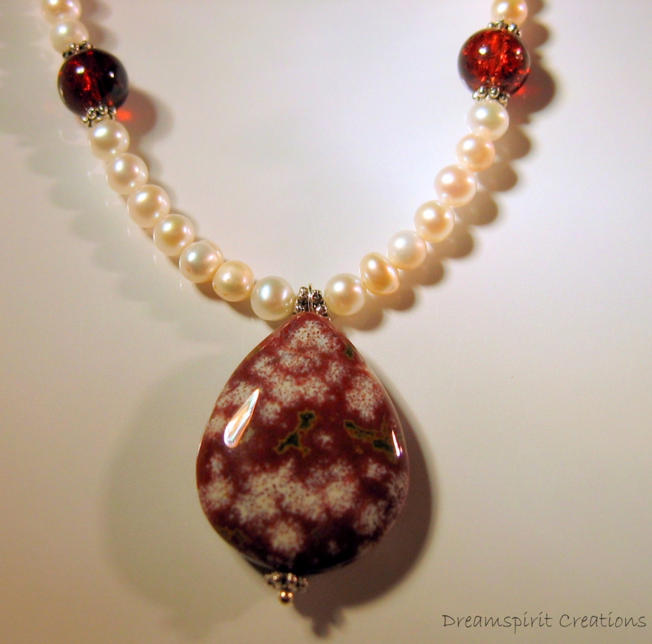 Pearl Necklace with Teardrop Red Ocean Jasper Pendant