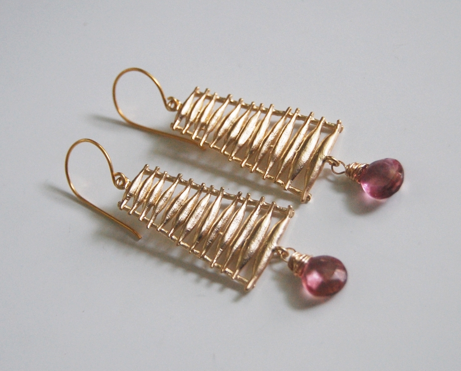Pink Quartz and Ladder connector Dangle Drop Earrings