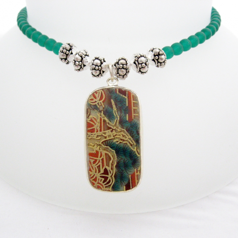 Emerald Beads and Old Pottery Shard Pendant Handmade Necklace