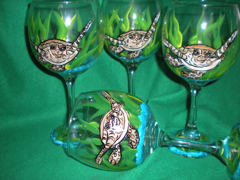 Fun Hand painted sea turtle swimming in sea goblets. set/4