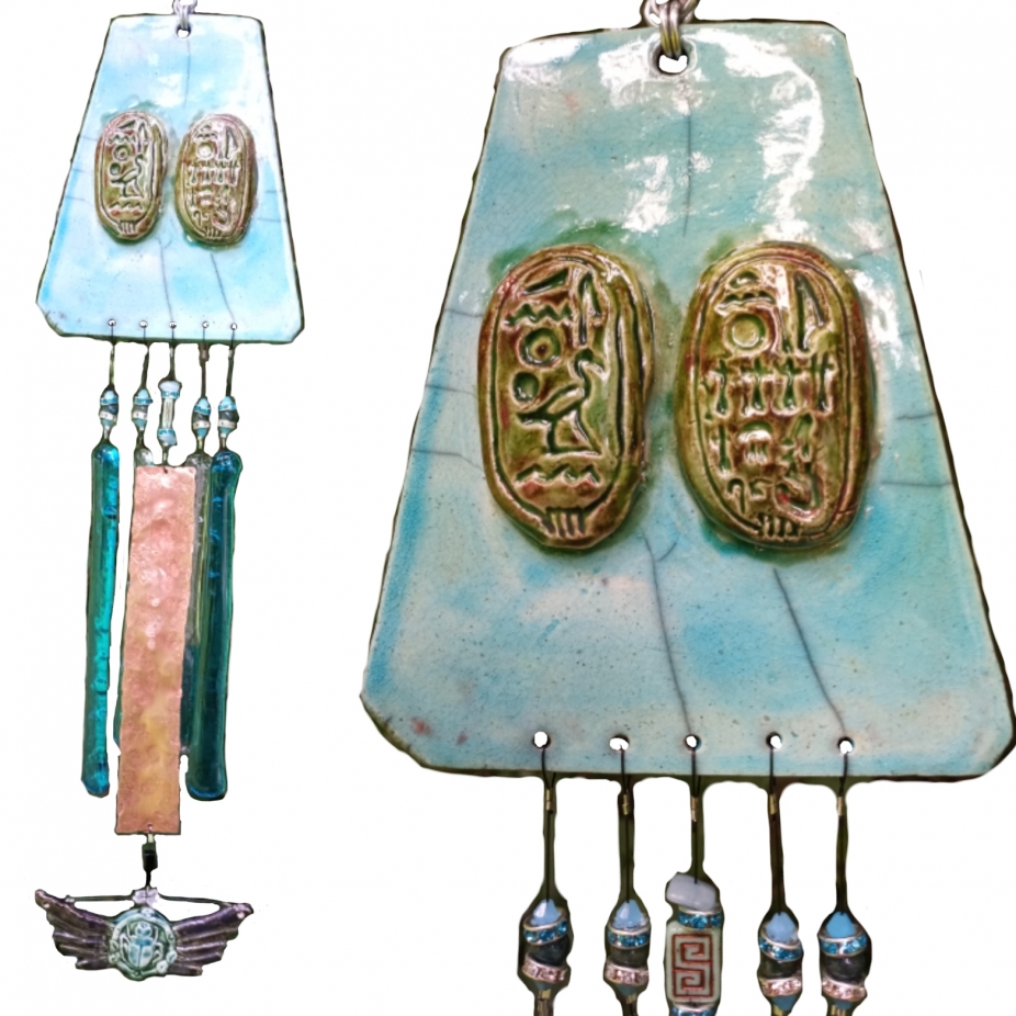 Akhenaten & Nefertiti Egyptian Cartouche Wind Chime Raku Pottery