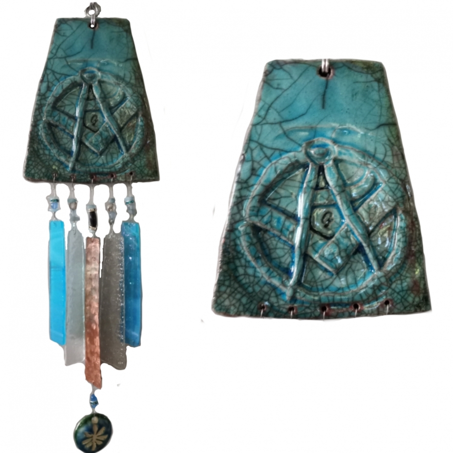 Square & Compass Raku Fired Pottery & Glass Wind Chime