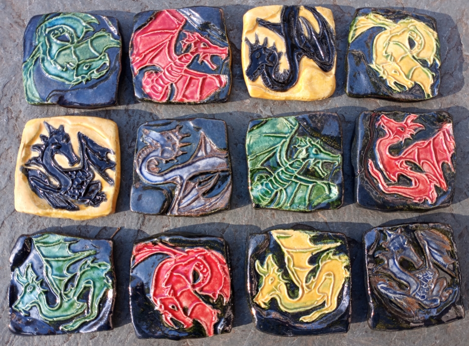 Set 12 Ceramic Dragon Mosaic Tiles 1-1/2' x 1-1/2