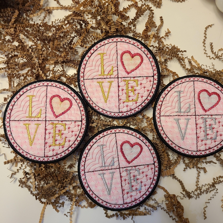 LOVE embroidered coaster by Bristle and Thimble, Holiday Decor