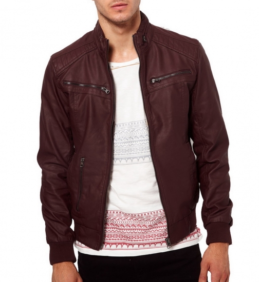 Men's Maroon Color Ban Collar Bomber Biker Leather Jacket
